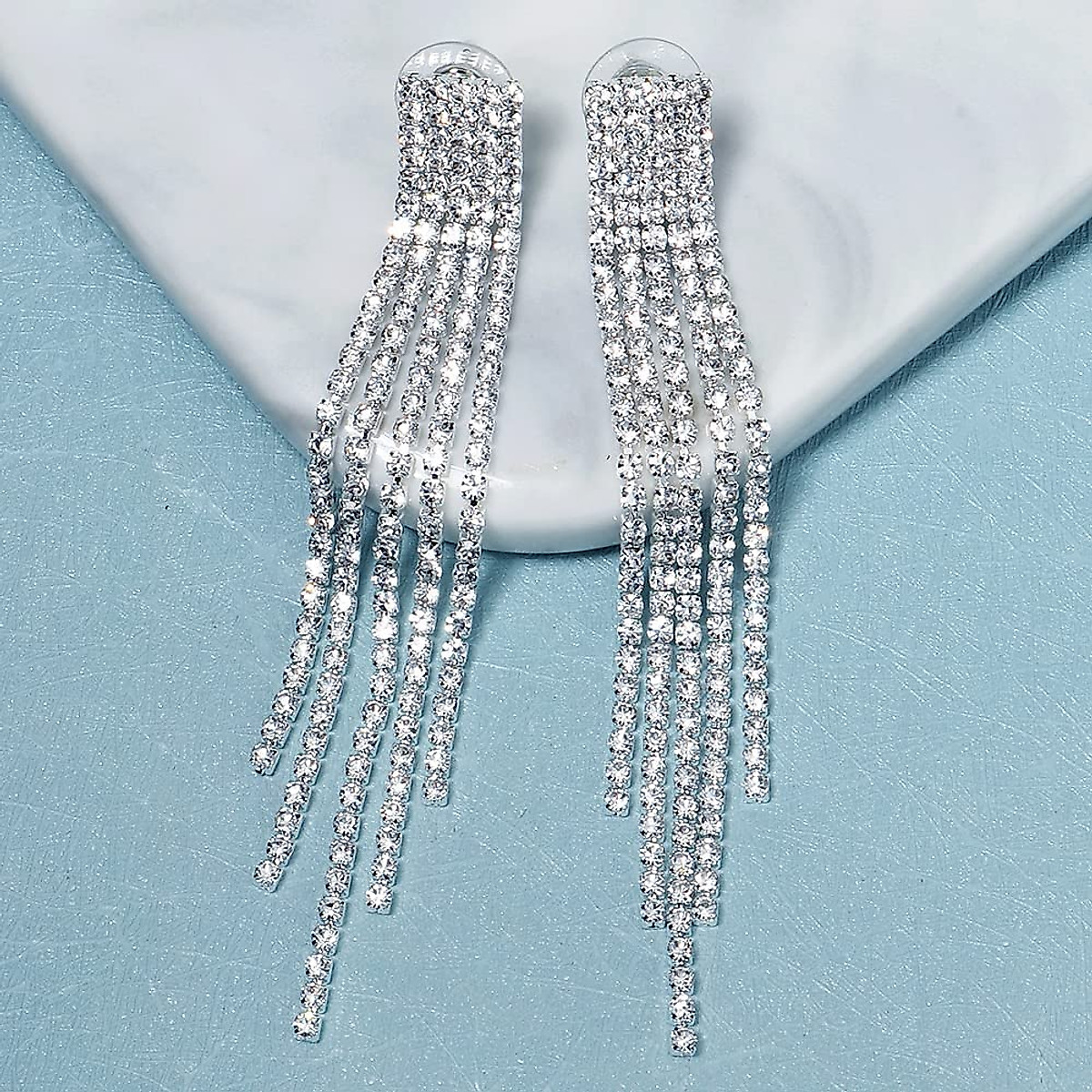 Mlouye Dangle Earrings for Women, Rhinestone Earring Dangling Long Tassel Crystal Chandelier Drop Earrings for Prom Party Silver Tone Clear