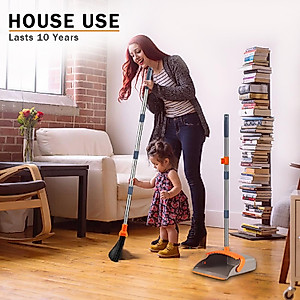 Upgraded Broom and Dustpan Set, Upright Broom and Dustpan Combo with 51" Long Handle, Dustpan Teeth with self-Cleaning Function, Indoor and Outdoor Sweeping, Perfect for Home Office (Gray & Orange)