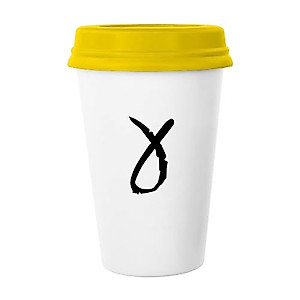 PUROXX Greek Alphabet Gamma Black Outline Coffee Tea Mug Pottery Cup Yellow Lid