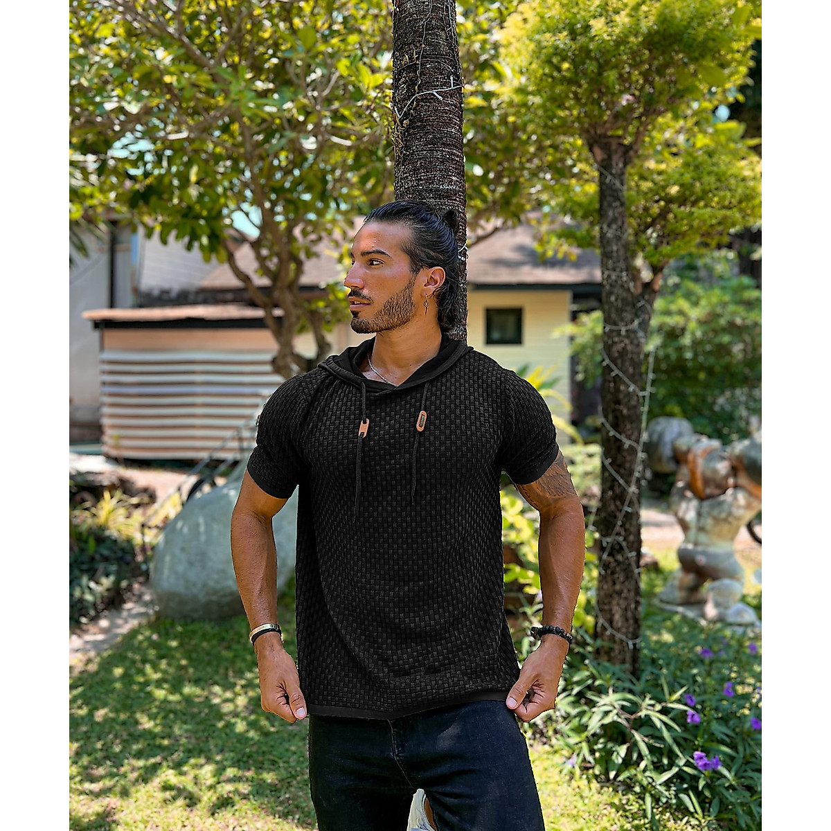 Zaitun Men's Short Sleeve Hoodie Shirt Casual Waffle Knitted Pullover Sweater Black