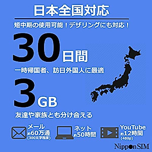 Nippon SIM for Japan 30 Days 3GB 4G LTE Data (No Voice/Text) 3-in-1 SIM Card | docomo Network | Japan Local Support | No Activation No Contract | Supports Tethering | 短期帰国・短期来日最適 安心メーカーサポート
