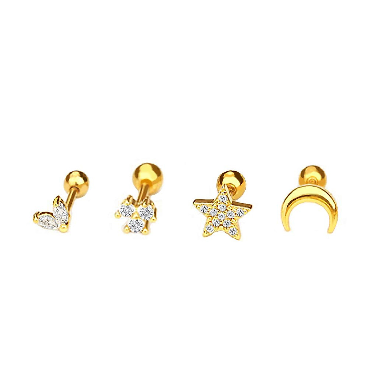 NewZenro Star Moon 16g Ear Cartilage Helix Surgical Stainless Steel Cubic Zirconia Studs Cartilage Earrings Huggie Screw Backs Ear Tragus Auricle Nose Lip Piercing Jewelry Set (Gold)