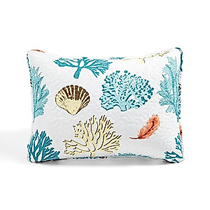 Lush Decor Coastal Reef Feather Reversible Quilt Set, 5 Piece Set, Twin/ Twin XL, Blue & Coral - Beach Bedding Set - Coastal Twinxl Quilt Sets - Tropical Beach House Decor For Kids Or Teen's Dorm Room