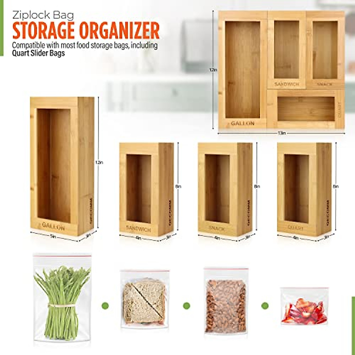 QECOMM Configurable Ziplock Bag Organizer- Baggie Organizer For Drawer Compatible With Gallon, Sandwich,Quart and Snack Variety Size Bags (4 Separate Boxes)