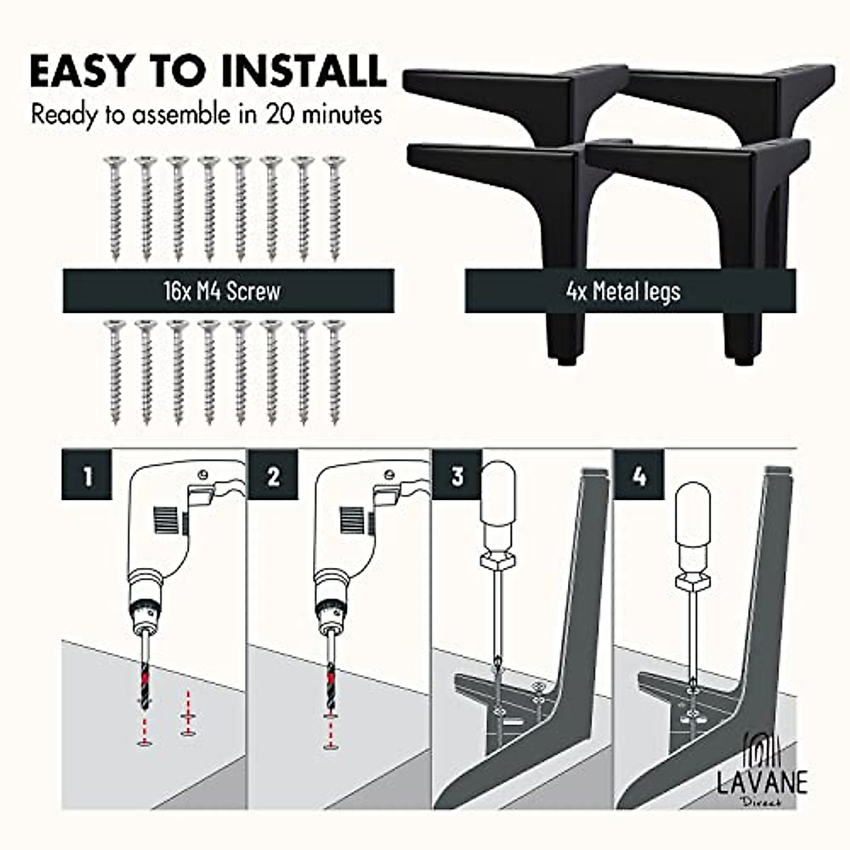 La Vane 4 inch Metal Furniture Legs, Set of 4 Modern Iron Diamond Triangle Furniture Feet DIY Replacement Black for Cabinet Cupboard Sofa Couch Chair Ottoman