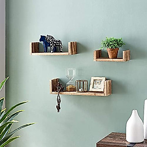 Halter Solid Wood Shelves, Floating Wood Shelves for Bathroom, Bedroom, Living Room, and Kitchen, Wooden Office Shelves, Rustic Floating Shelves Wall Storage, Floating Wall Shelf, Natural, Set of 3