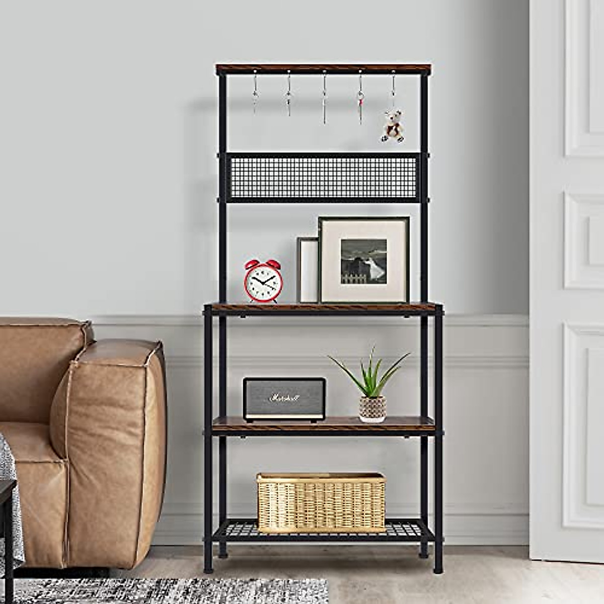 AZL1 Life Concept Industrial Kitchen Rack Cupboard with 10 Hooks, Mesh Panel, 3 Shelves, and Adjustable Feet, for Microwave Oven Cooking Utensils, 33.1 inches, Rustic Brown