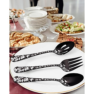 Stapava Serving Utensils Set Black, 5PCS Stainless Steel Flatware Serving Set with Large Serving Spoon Slotted Serving Spoon Serving Fork Sugar Spoon Butter Knife for Dinner Party, Dishwasher Safe
