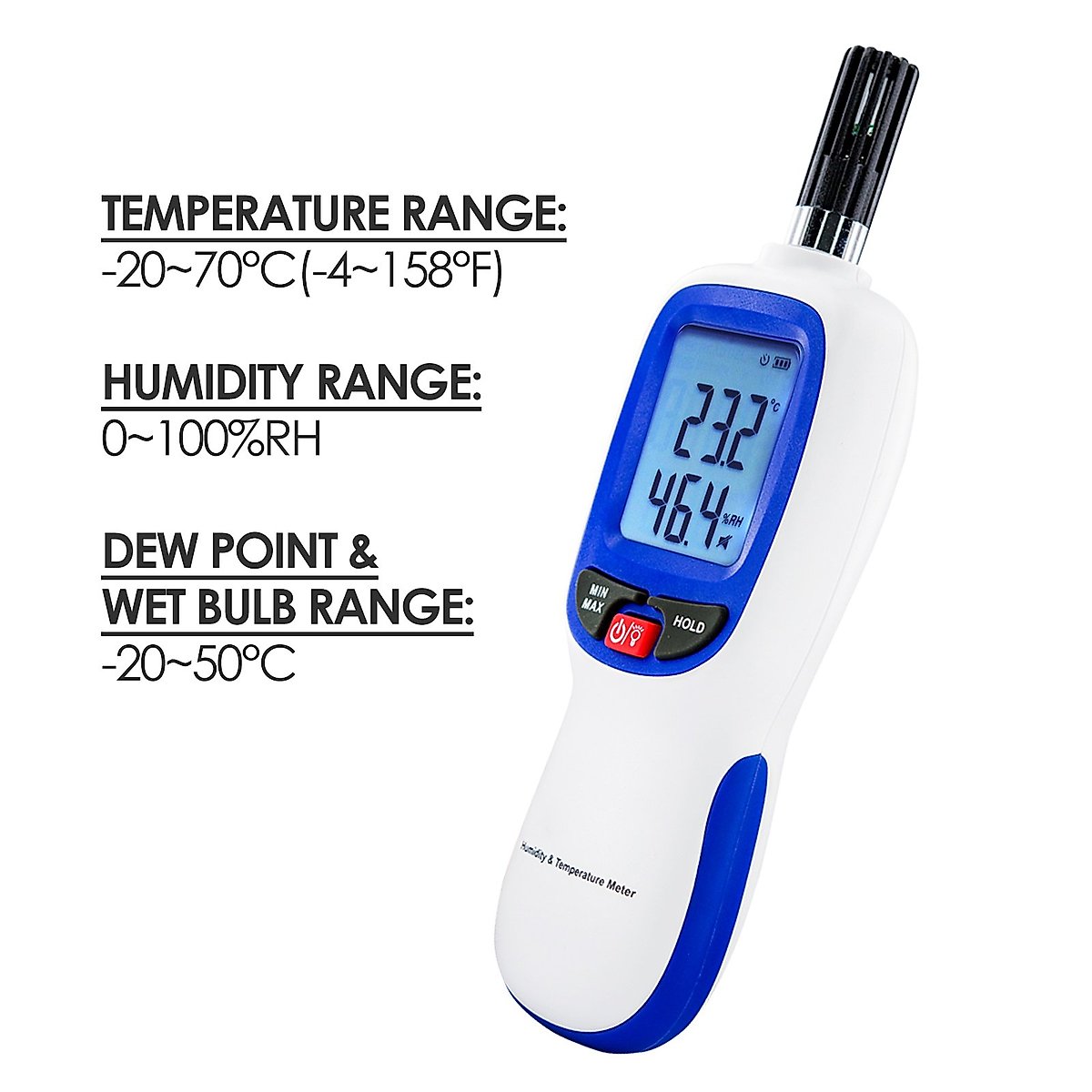Gain Express Digital Humidity & Temperature Meter Hygrometer Psychrometer, Dew Point and Wet-Bulb Temperature Range -4~158°F, Humidity Range 0~100% RH, Min/Max Hold, LCD Backlight