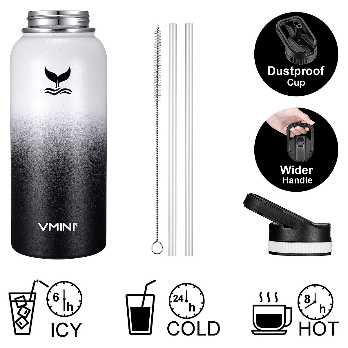 Vmini Water Bottle with Straw, Wide Sturdy Straw Lid with Dust Proof Cap, Wide Mouth Vacuum Insulated Stainless Steel Water Bottle, Gradient White+Black, 32 oz