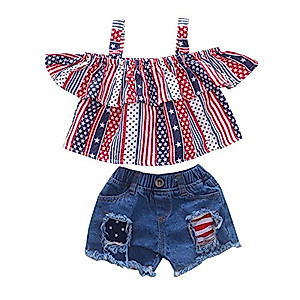 Noubeau 4th of July Toddler Girl Outfit American Flag Halter Top Girls Ripped Jeans Denim Shorts Baby Girl Summer Clothes (Blue, 2T / 3T, 2_Years)