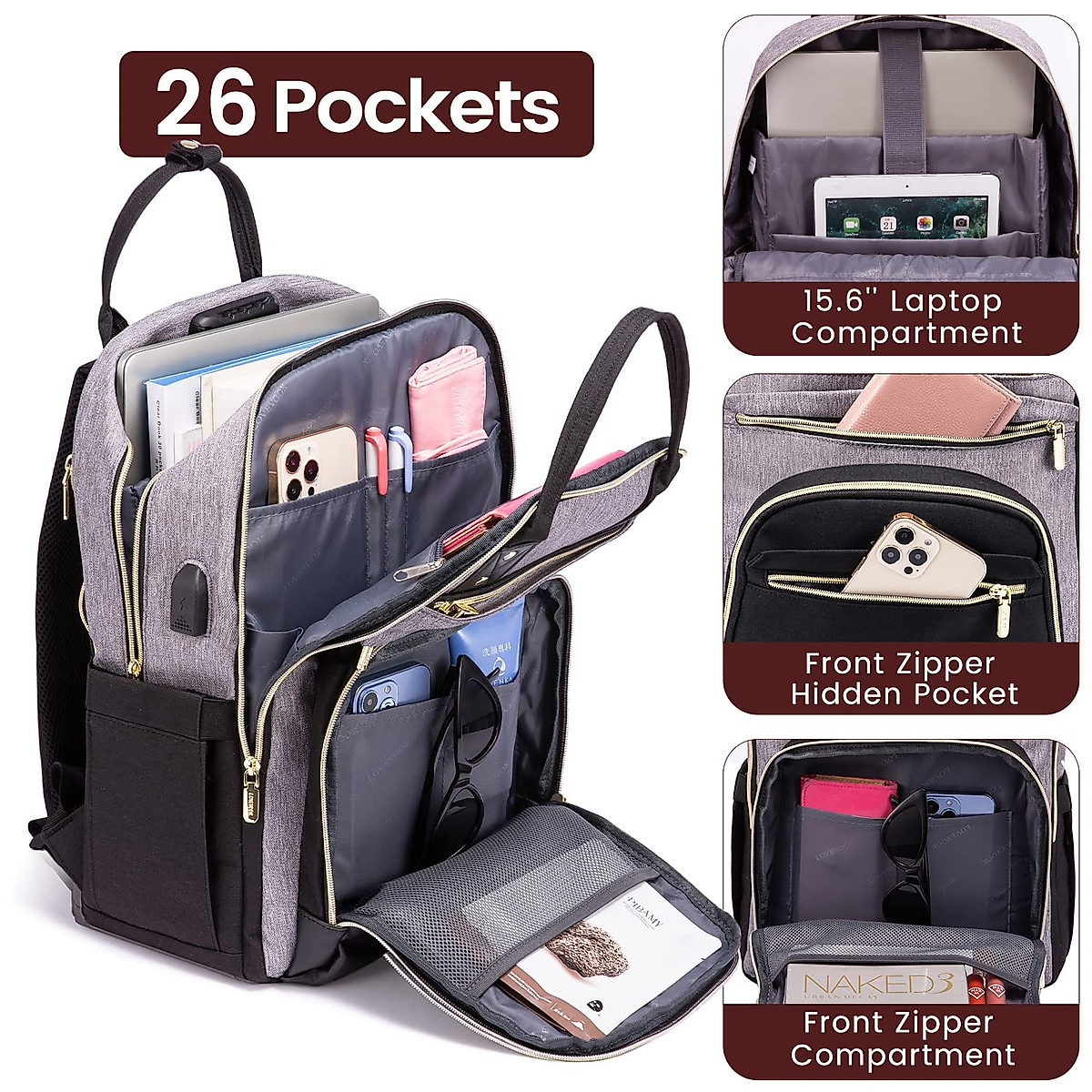 LOVEVOOK Laptop Backpack for Women, Fits 17 Inch Laptop Bag, Fashion Travel Work Anti-theft Bag, Business Computer Waterproof Backpack Purse, University Backpacks, Grey-Black-Balck