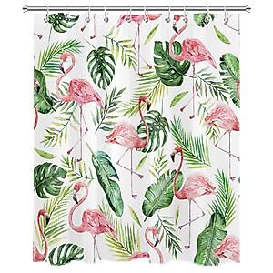 LB Tropical Pink Flamingo Shower Curtain for Bathroom,Sage Green Palm Leaf Monstera and Banana Leaf Fabric Shower Curtain with Hooks,Summer Watercolor Plant Bathroom Curtains Shower Set, 60x72 inches