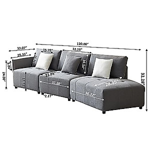 Eafurn 120" Teddy Fleece Curved Chaise Lounge,Free Combination Modular Sectional Set,3 Seater Button Tufted Comfy Sofa & Couches for Living Room Bedroom Apartment with 3 Pillows, Gray