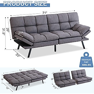 MUUEGM Futon Sofa Bed Couch Sleeper Convertible Memory Foam,Modern Love seat Daybed,Adjustable Armrest Backrest for Living Room,Office,Small Space,Apartment,Dorm,71" Sofabed, Grey-New