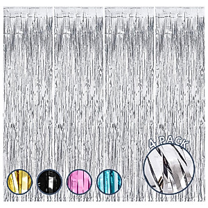 4 Pack 3.2ft x 8.2ft Silver Foil Fringe Curtain Backdrop Metallic Tinsel Foil Fringe Curtains Photo Booth Backdrop for Birthday Party Decorations Christmas Baby Shower Party Decorations (Silver)