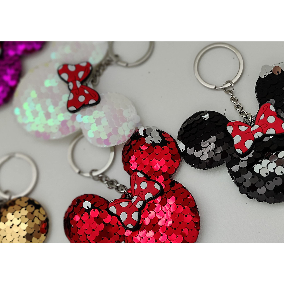 ITISMINE 12 pieces Sparkly BLINK Plush Reversible Sequin 3 inch Key Chain Appeal Backpack Bag Accessories (Minnie Shape), Red Pink Gold Silver Rainbow, 1 size fit all