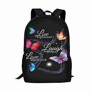Dolyues 17 inches Fashion Kids Girls School Bag Student Backpack for Teen, Live & Laugh & Love Butterfly Graphic Bookbag Travel Outdoor Daypack Black