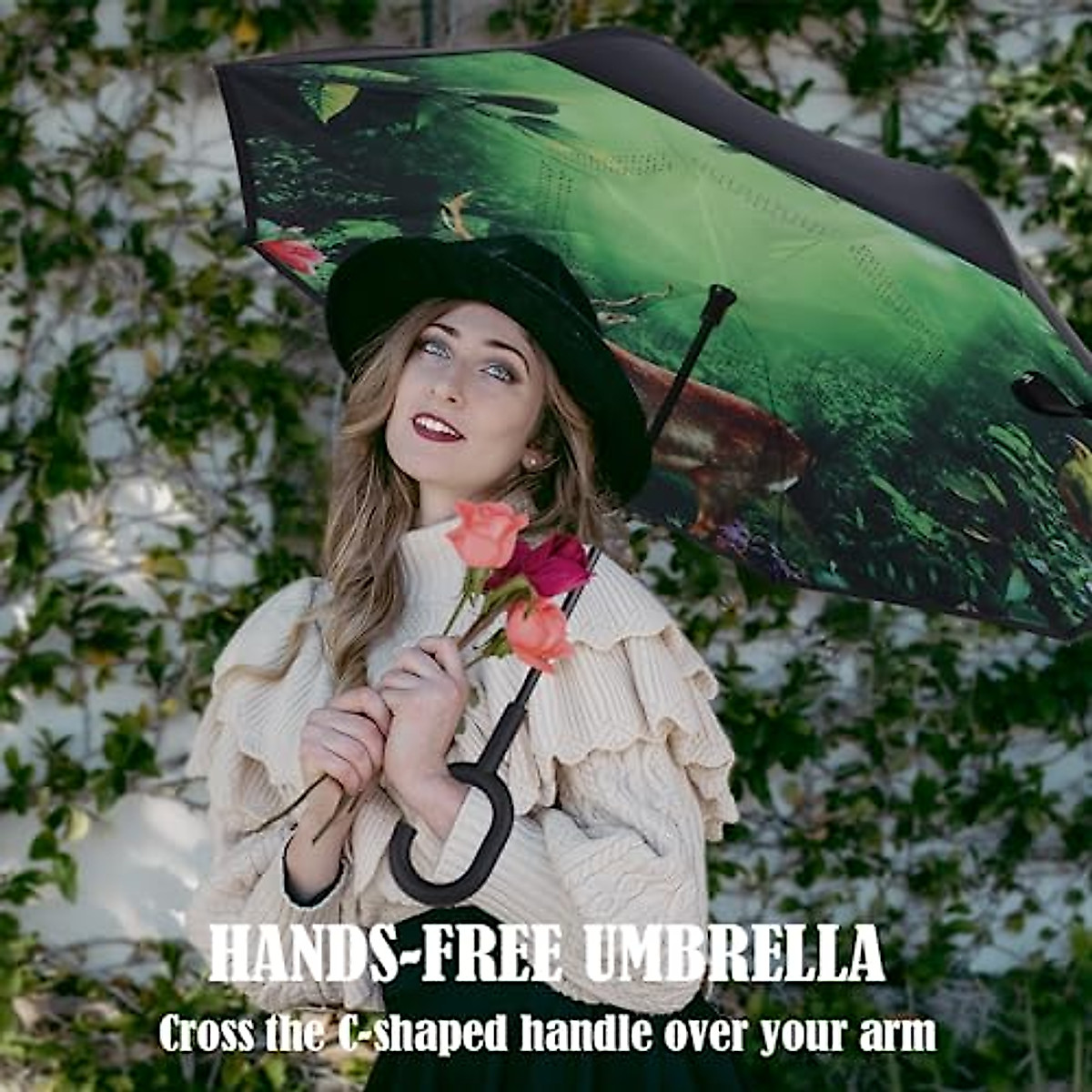 Wxjiahetai Inverted Reverse Umbrella with C-shaped Handle Windproof Upside Down Umbrellas for Rain Double Layer Hands Free Umbrella for Women and Men (Forest Elk)