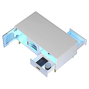 LVSOMT 42.5'' Coffee Table with 3 Colors Lighting, High Glossy Modern Accent Furniture with Storage, Contemporary Rectangle Table for Living Room（Glossy White