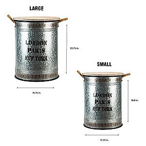 Organize It All Cobblestone Metal Storage Bin Décor, Set of 2 Multi Sized, with Wooden Lid and Handles, in Grey
