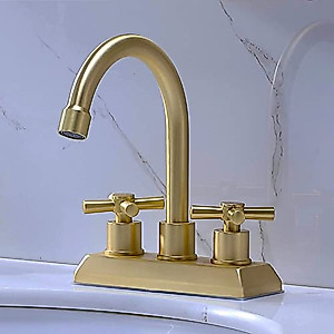 VAPSINT 2 Handle 4 Inch Centerset Brushed Gold Bathroom Faucet,Modern Commercial 2 Hole Gold Bathroom Sink Faucet,Laundry Basin Vanity Sink Faucet with Supply Lines and Pop up Drain Combo