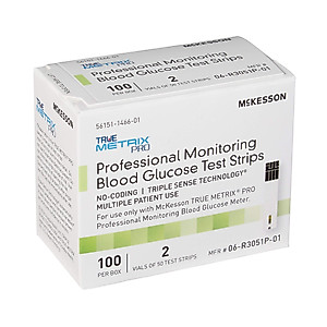 McKesson TRUE METRIX PRO Professional Monitoring Blood Glucose Test Strips - No Coding, Triple Sense Technology, Multiple Patient Use - Vials of Strips, 100 Strips, 3 Packs, 300 Total
