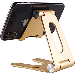 Pokanic Cell Phone Tablet Fully Foldable Stand Dock Holder Cradle Mount Organizer Charger Station Table Desk Bed Office School Kitchen Travel Portable Adjustable Multi-Angle Aluminum (Gold)