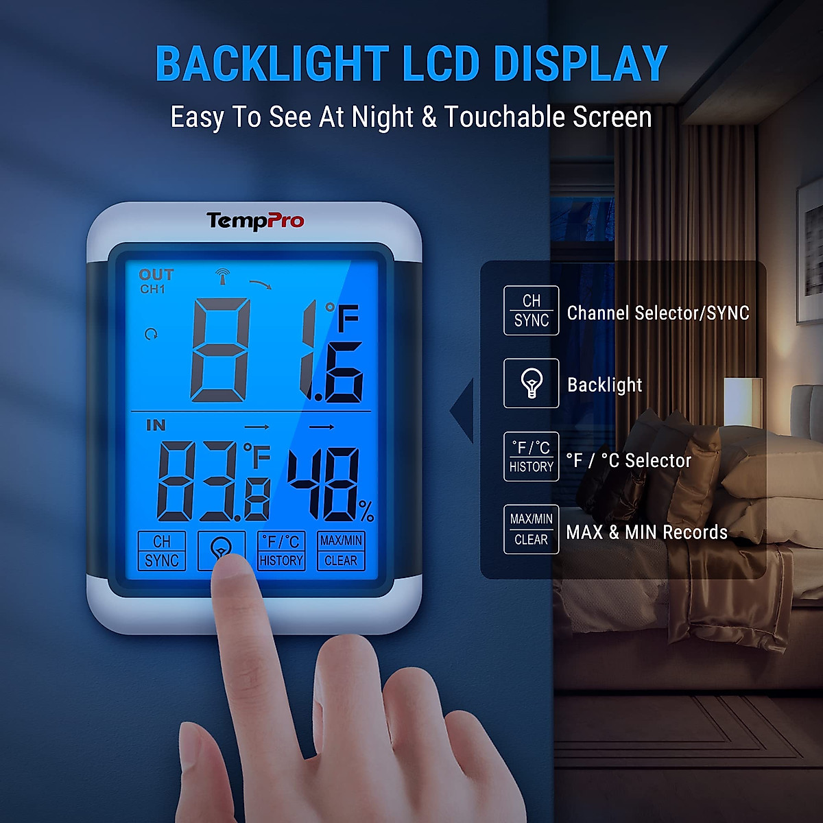TempPro B65S Indoor Outdoor Thermometer Wireless Digital Hygrometer Temperature Sensor Humidity Gauge Monitor with Large Backlight Touchscreen for Home Thermometer