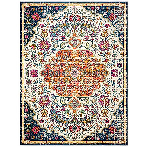 SAFAVIEH Madison Collection 8' x 10' Ivory / Orange MAD447A Boho Chic Medallion Distressed Non-Shedding Living Room Bedroom Dining Home Office Area Rug