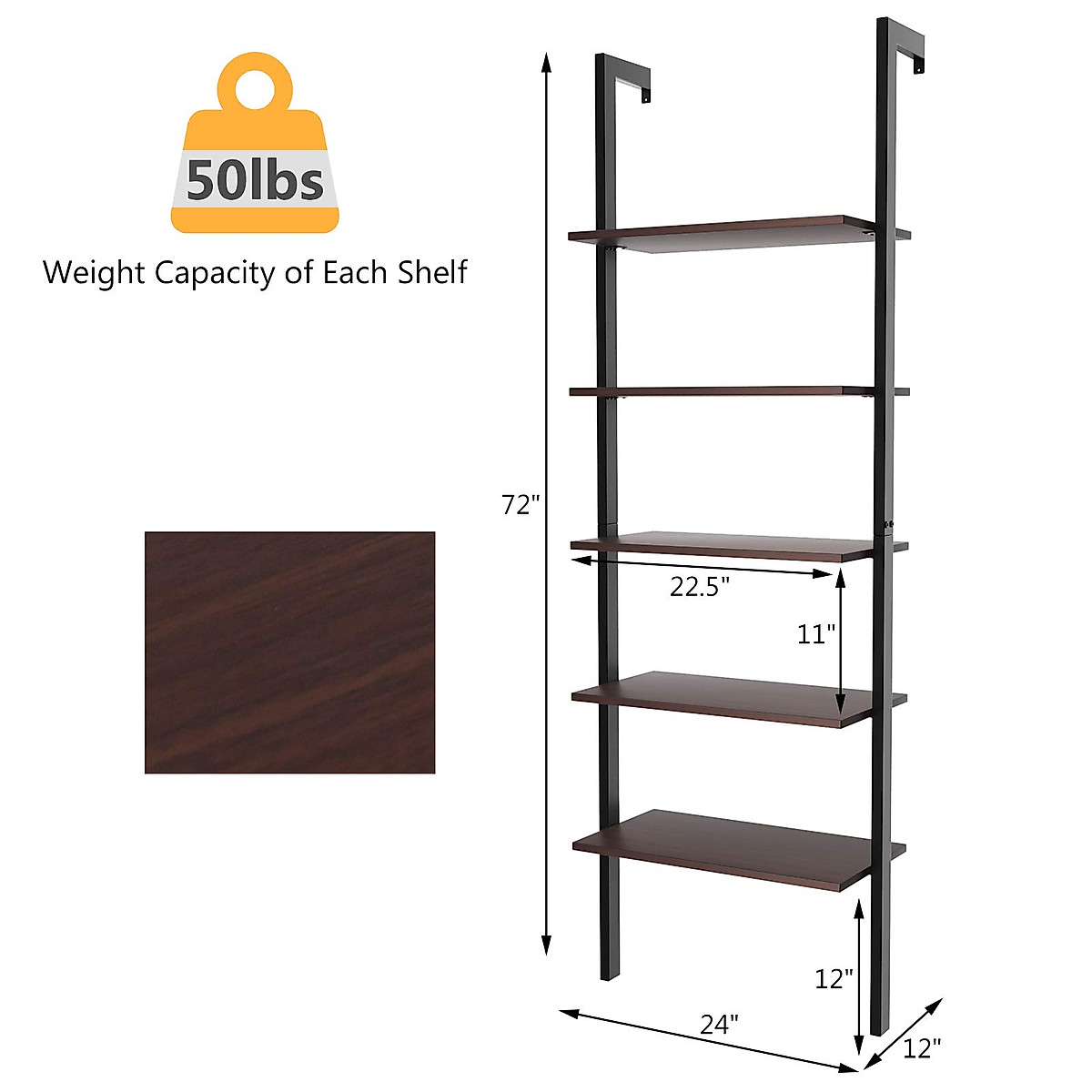 Tangkula Industrial Ladder Shelf Against The Wall, 5-Tier Ladder Bookshelf w/Metal Frame, 72 Inches Open Bookcase Plant Flower Stand Display Storage Rack for Home Office