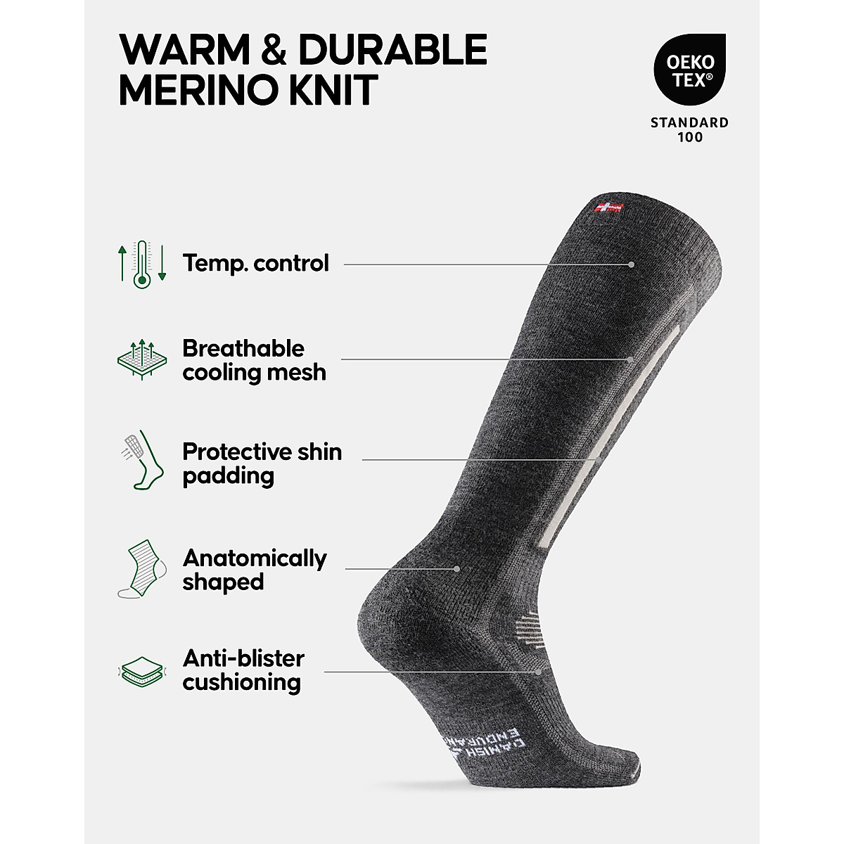 DANISH ENURANCE Merino Wool Performance Ski Socks for Men, Women & Kids, Dark Grey/Light Grey, US Women 8-10 // US Men 6.5-8.5