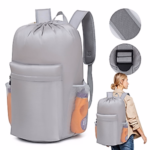 Polecasa Durable Backpack Laundry Bag with Padded Shoulder Straps, 130gsm Tear Resistant Fabric and Multi Pockets, Large Waterproof Dirty Clothes Drawstring Bag for Dorm, College, Silver