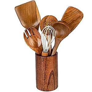 Wooden Utensils for Cooking, 7pcs Natural Acacia Wood kitchen utensils set with Holder For Cooking Utensil set Wooden Spoons Spurtle Spatula For Cooing Non-Stick Pan