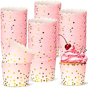 100 Pcs Pink Cupcake Liners 4.5 oz Gold Polka Dot Paper Baking Cups for Muffins Desserts Bake, Easter, Baby Showers, Wedding and Birthday Party