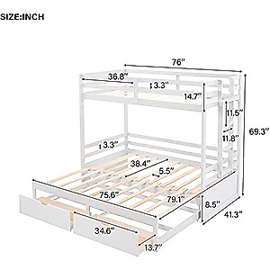 ATH-S Extendable Bunk Bed with Trundle, Wooden Twin Over Twin/Full/King Bunk Bed, Convert Bunk Bed with Storage Drawers (Color : White)