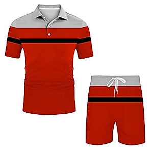 FAMOORE Fancy Men Suits Mens Short Sleeve T Shirt and Shorts Set Summer 2 Piece Outfit Big Mens Suits Red
