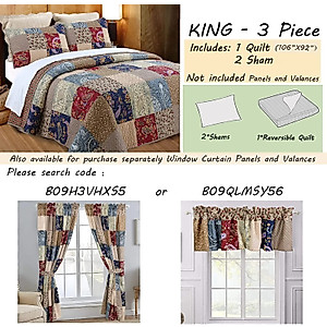 Cozy Line Home Fashions Sanders Red Navy Blue Brown Floral Print Real Patchwork, 100% Cotton Reversible Coverlet, Bedspread, Quilt Bedding Set (Red/Navy, King - 3 Piece)