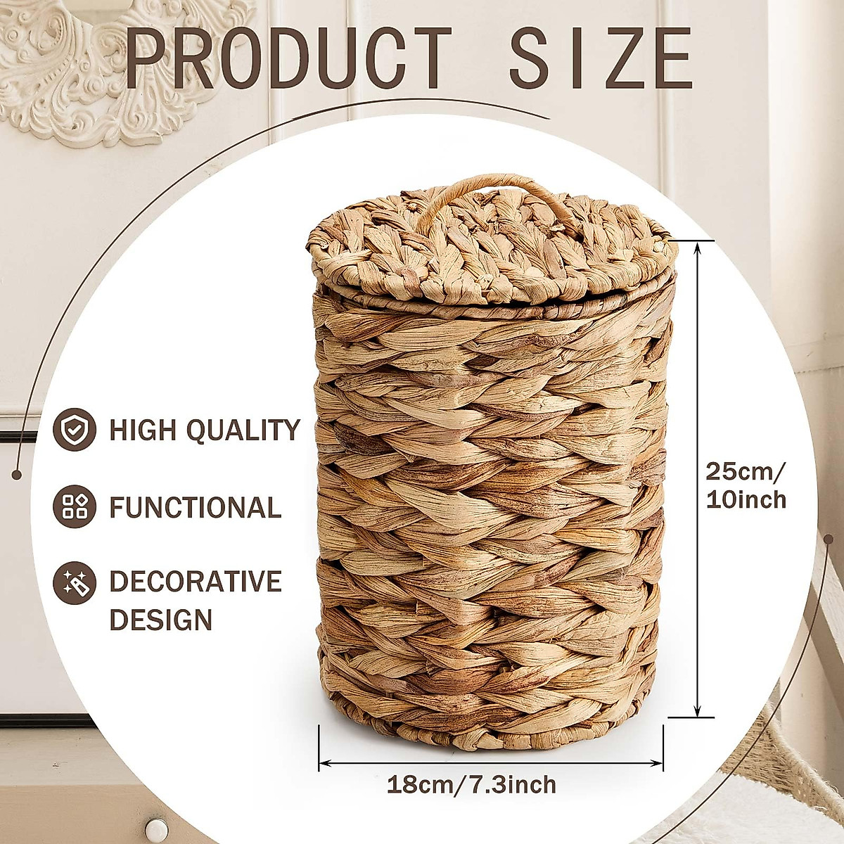 Ctosree 4 Pcs Small Wicker Trash Can Basket Woven Waste Basket with Lid Bathroom Boho Wastebasket Garbage Bin with 200 Pieces of Trash Bags for Bedroom Bathroom Office Garbage Living Room Kitchen