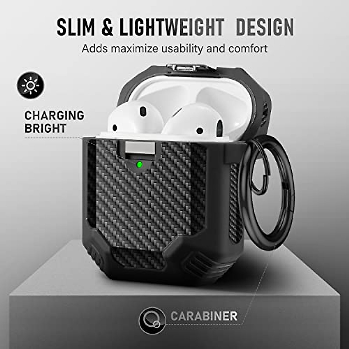 Maxjoy Compatible with Airpods 1st & 2nd Generation Case, Full Body Rugged Carbon Fiber Hard Shell Protective Case Cover with Keychain for Airpods 1st & 2nd Generation Case, Black