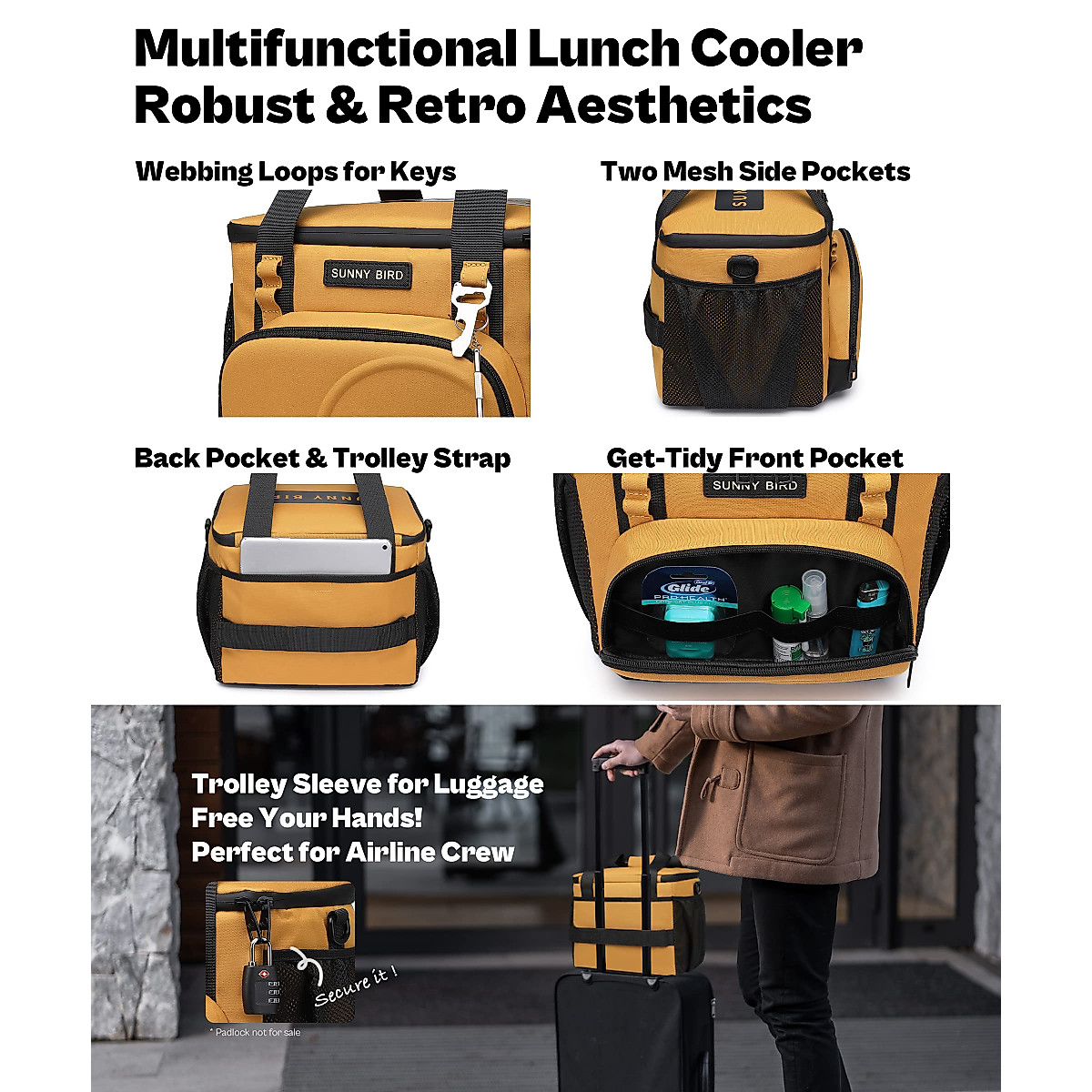 SUNNY BIRD 12L Large Insulated Lunch Bag, Leakproof and Foldable Lunch Cooler Box for Women Adult and Men, Fits 18 Cans (Ochre 01)