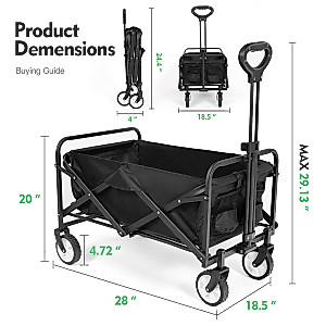 Folding Wagon, Collapsible Wagon Garden Cart Heavy Duty with Side Pocket and Terrain Wheels, Large Capacity Foldable Grocery Beach Wagon for Garden Sports Camping Shopping(1 Year Warranty)