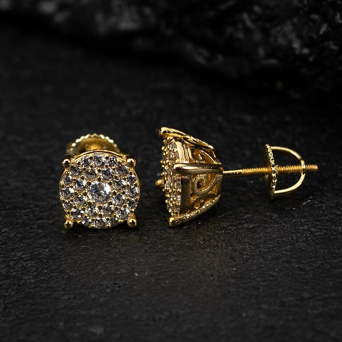 Round Flower Cluster Earrings for Men Women14K Yellow Gold 925 Sterling Silver Stud Earrings Hypoallergenic 5A CZ Stone 3D Flower Set Unisex Large 10mm Circle Screw On Earrings