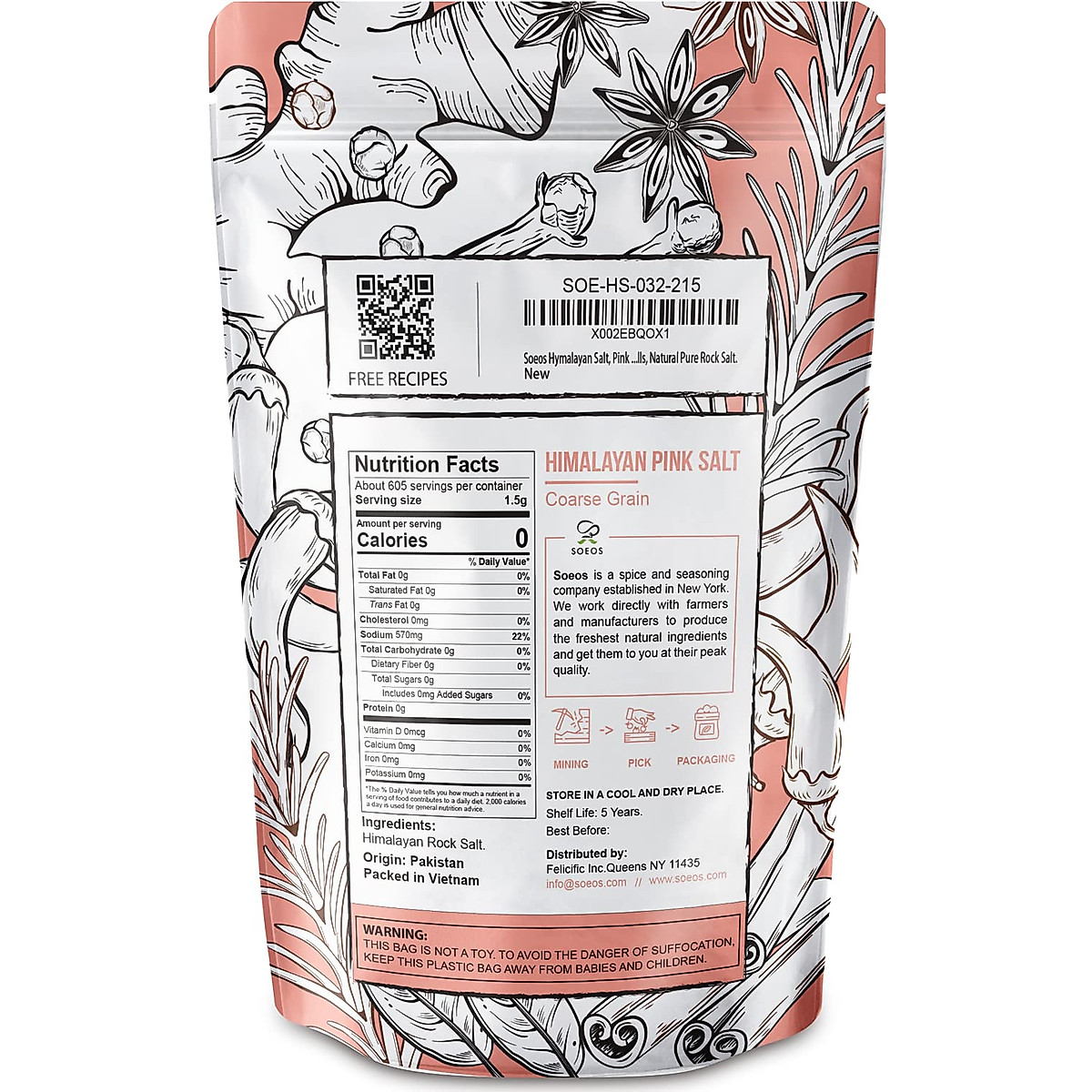 Soeos Himalayan Sea Salt, Coarse Grain, 32oz (2 Pound), Non-GMO Himalayan Pink Salt, Kosher Salt, Sea Salt for Grinder Refill