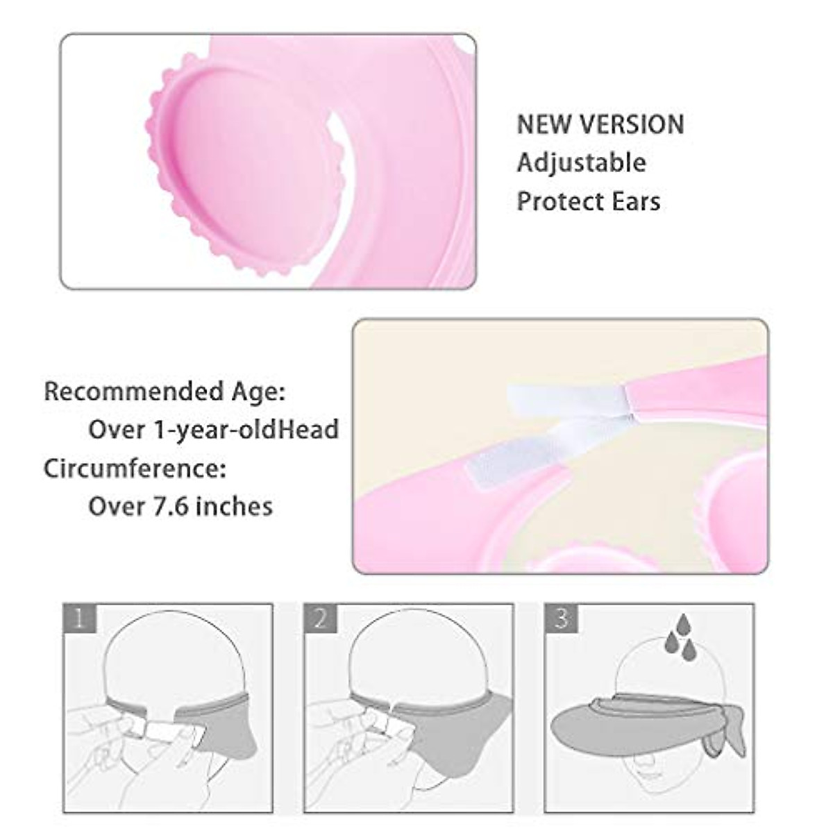 Maveek Baby Bathroom Safety Visor Caps Child Shower Cap，Adjustable Sticker, Comfortable, Soft, Safe, Waterproof & Elastic Ring Hat – for Showers, Bathing, Hair Cut, Pool, Beach, Toddlers (Pink)