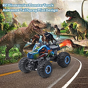 Rhybor Remote Control Dinosaur Car, 2.4GHz All Terrain Remote Control Monster Truck, RC Dinosaur Monster Car with 2 Batteries, Spray Music RC Monster Truck for Boys 4-7 8-12 and Girls
