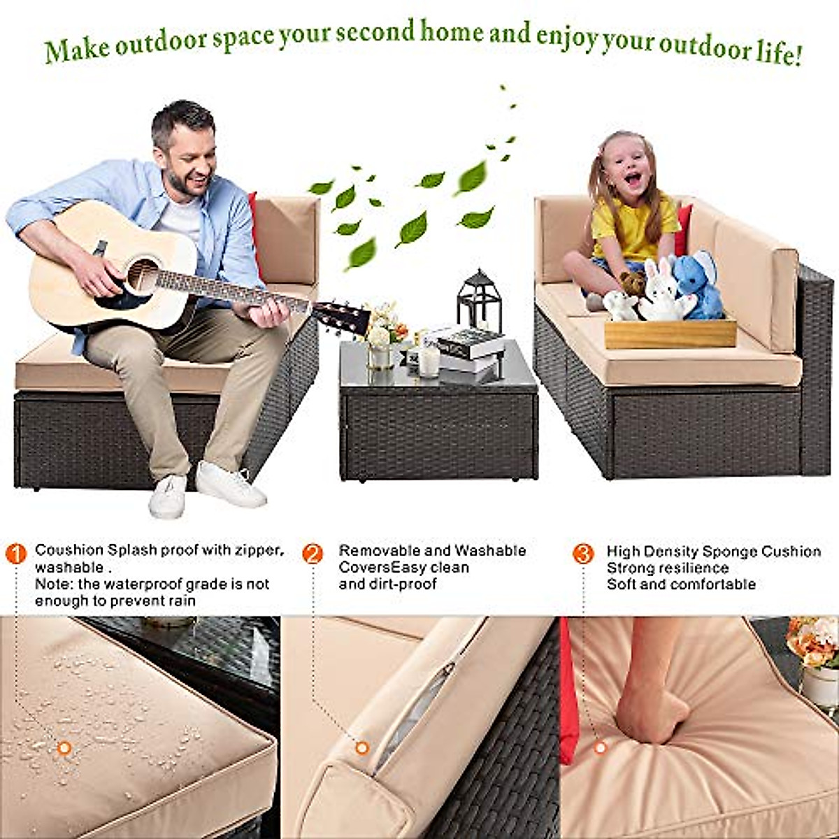 Vongrasig 5 Piece Patio Furniture Sets, All-Weather Brown PE Wicker Outdoor Couch Sectional Patio Set, Small Patio Conversation Set Garden Patio Sofa Set w/Ottoman, Glass Table, Red Pillow, Beige