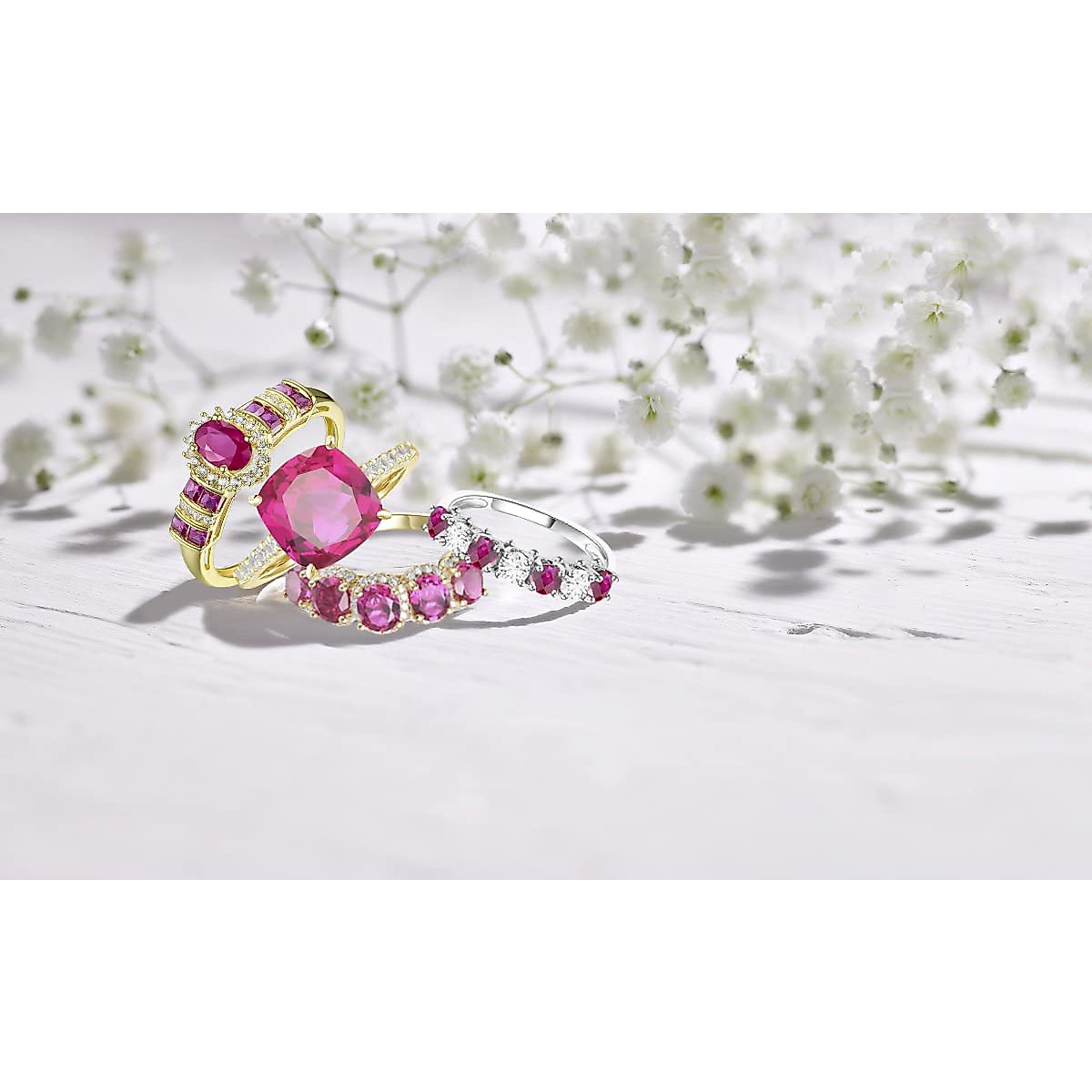 Tirafina Genuine Ruby and Diamond Ring, Alternating Design Of Genuine Gemstones and Diamonds, Center Stone Is Surrounded By Halo Of Diamonds, Gemstone Statement Ring, 14K Yellow Gold (Diamond 1/10 cttw)