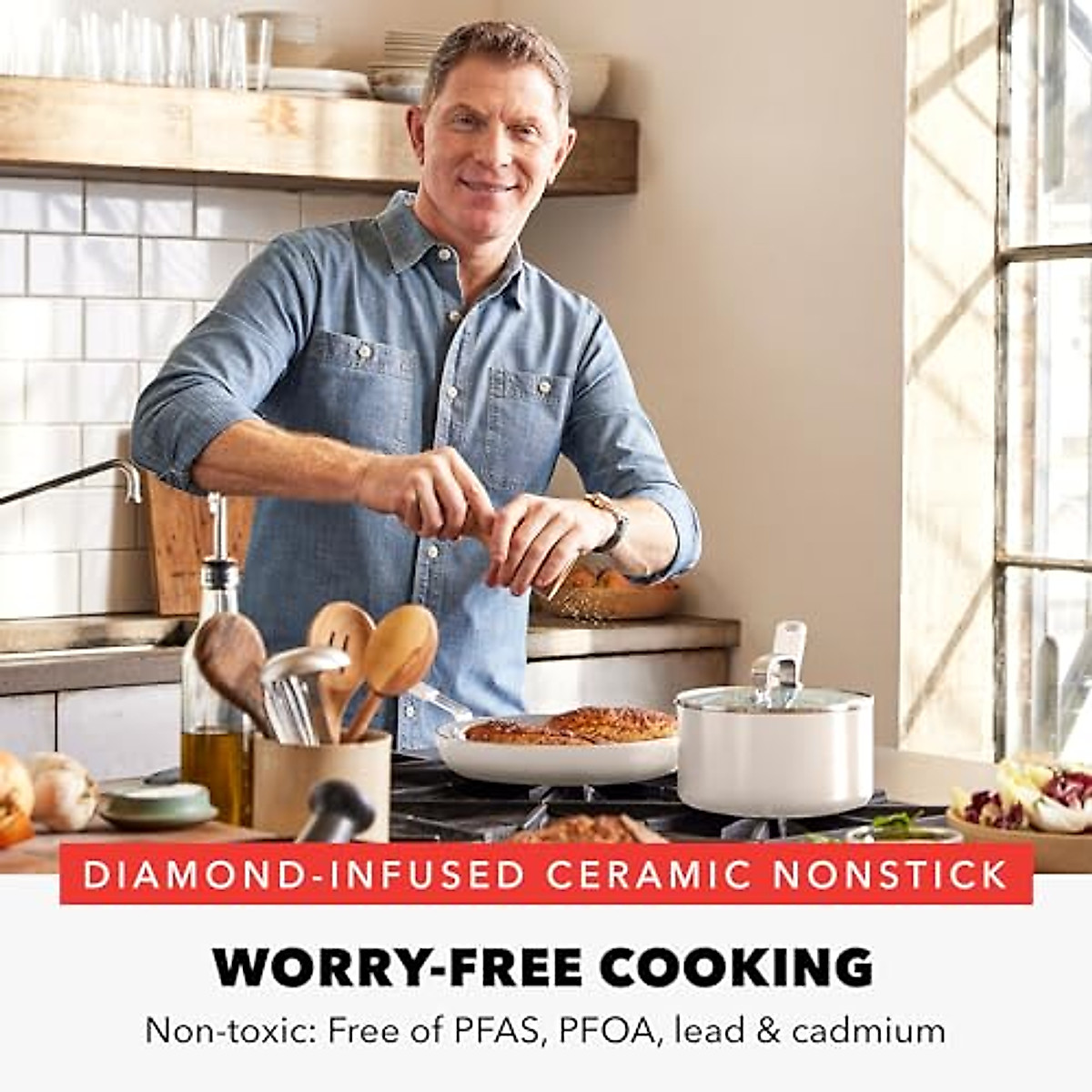 GreenPan x Bobby Flay 8” Frying Pan Skillet, Professional Grade Aluminum, PFAS & PFOA-Free Ceramic Nonstick, Induction Suitable, Stainless Steel Silicone Grip Handle, Dishwasher & Oven Safe, Cream