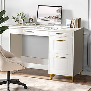 4 EVER WINNER White Desk with Drawers, 43” Home Office Small Desk with Drawers, Gold Hardware for Small Space, White and Gold Desk Writing Study Table for Bedroom